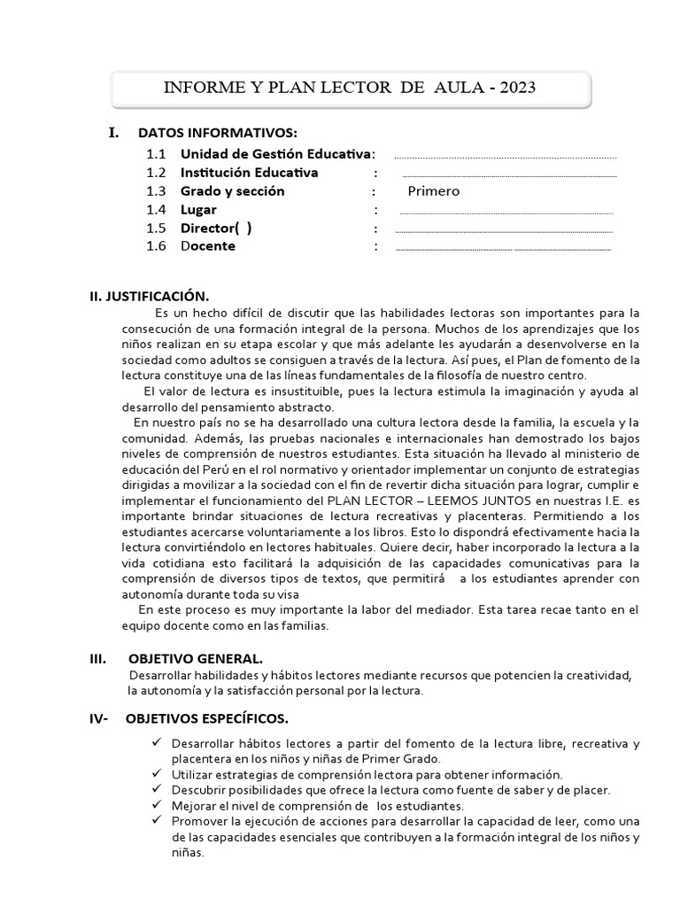 Informe y Plan Lector - 1ro | PDF | Hormiga | Maestros