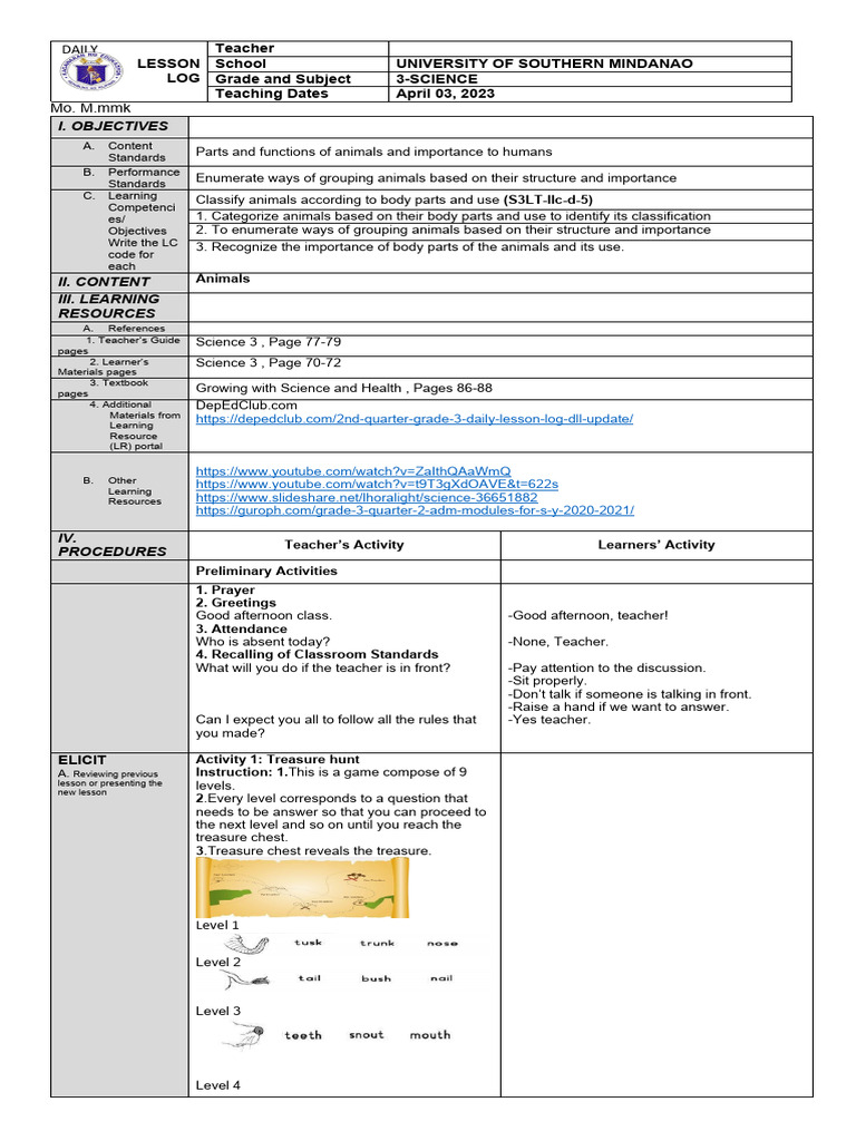Grade 3 Science Daily Lesson Log | PDF | Pet | Teachers
