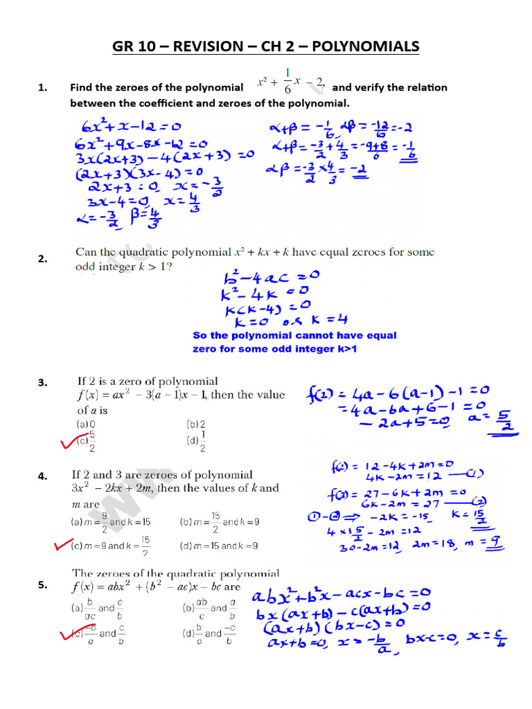 GR 10 - CH 2 - Polynomials-Answers | PDF | Teaching Methods & Materials ...