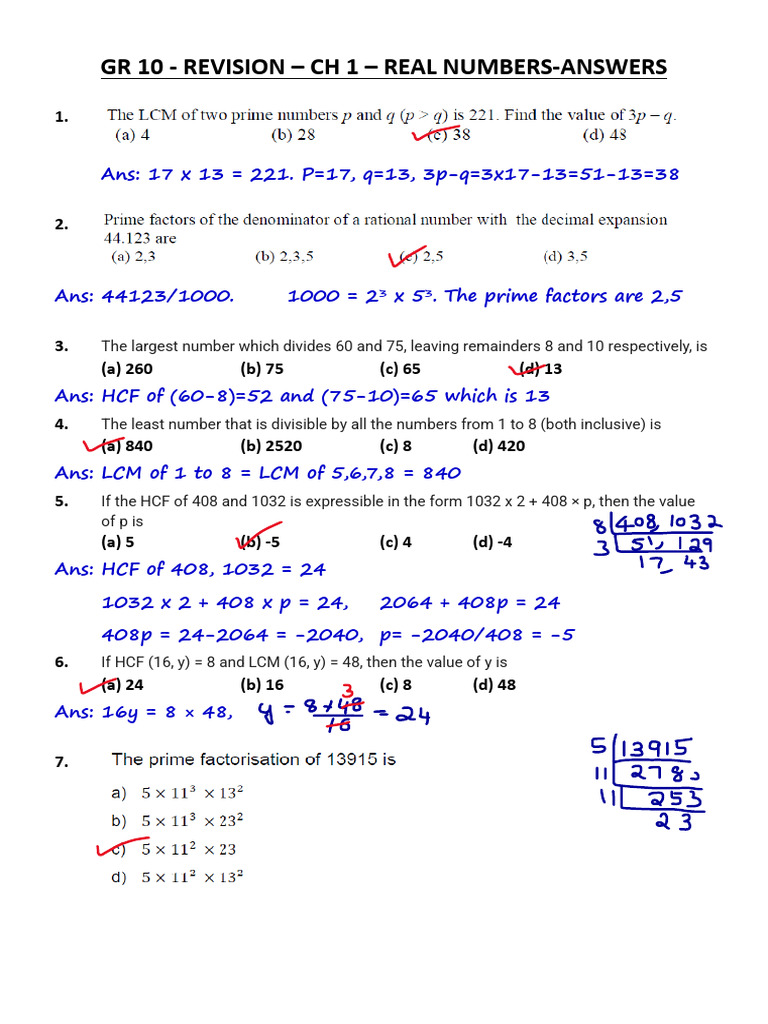 GR 10 - CH 1 - Real Numbers-Answers | PDF | Discrete Mathematics ...