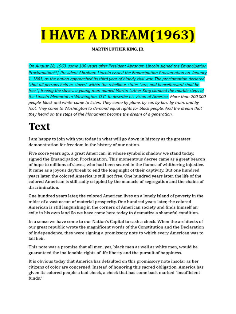 I HAVE A DREAM SPEECH | PDF | Emancipation Proclamation