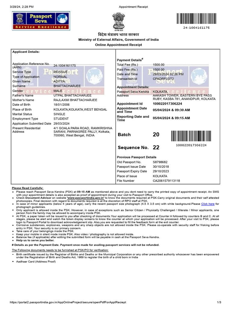 ADITYA PP Appointment Receipt | PDF | Identity Document | Passport
