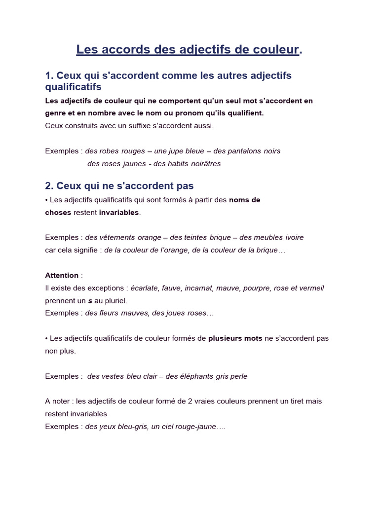 Accords des adjectifs de couleur | PDF