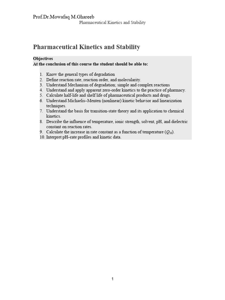 Pharmaceutical Kinetics and Stability-Lec-1 | PDF | Enzyme Kinetics | Pharmacy