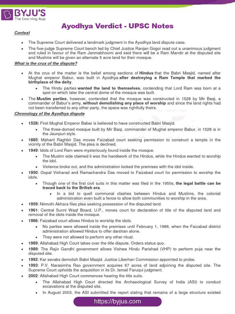 Ayodhya Verdict Notes | PDF | Religion & Spirituality
