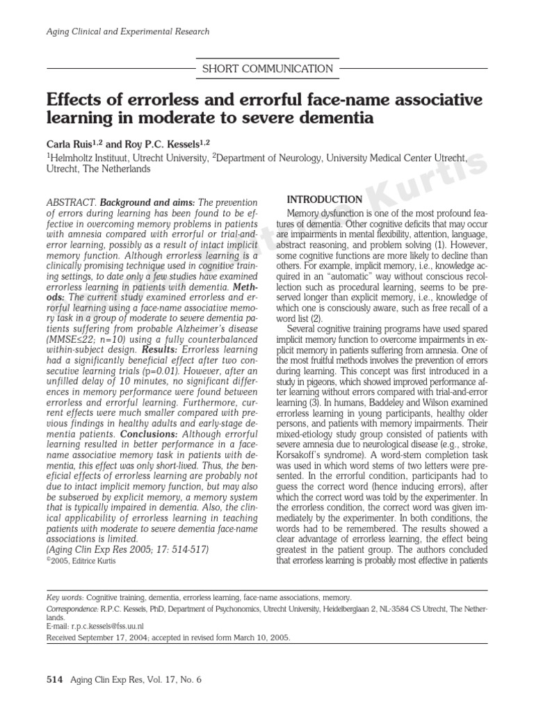 Ruis Et Al. (2005) Effects of Errorless & Errorful Face Name Associative Learning in Moderate To ...