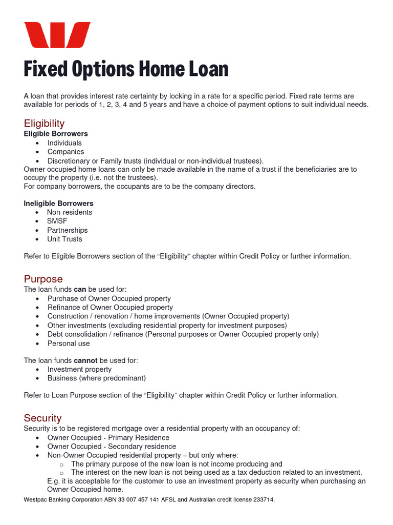 Westpac Fixed Options Home Loan Guide | PDF | Loans | Mortgages