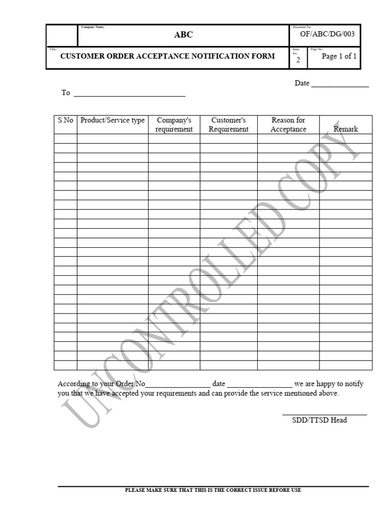 Customer Order Acceptancen Notification Form | PDF