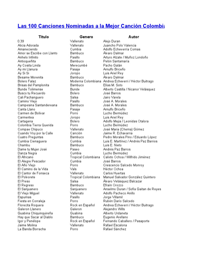 100 Canciones Colombianas Destacadas | PDF | Musica centroamericana ...