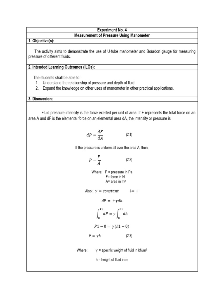 Experiment 4 - Measurement of Pressure | PDF | Pressure Measurement ...