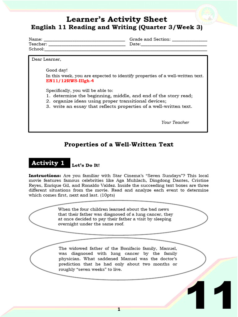 Learner's Activity Sheet: English 11 Reading and Writing (Quarter 3/week 3) | PDF | Writing ...