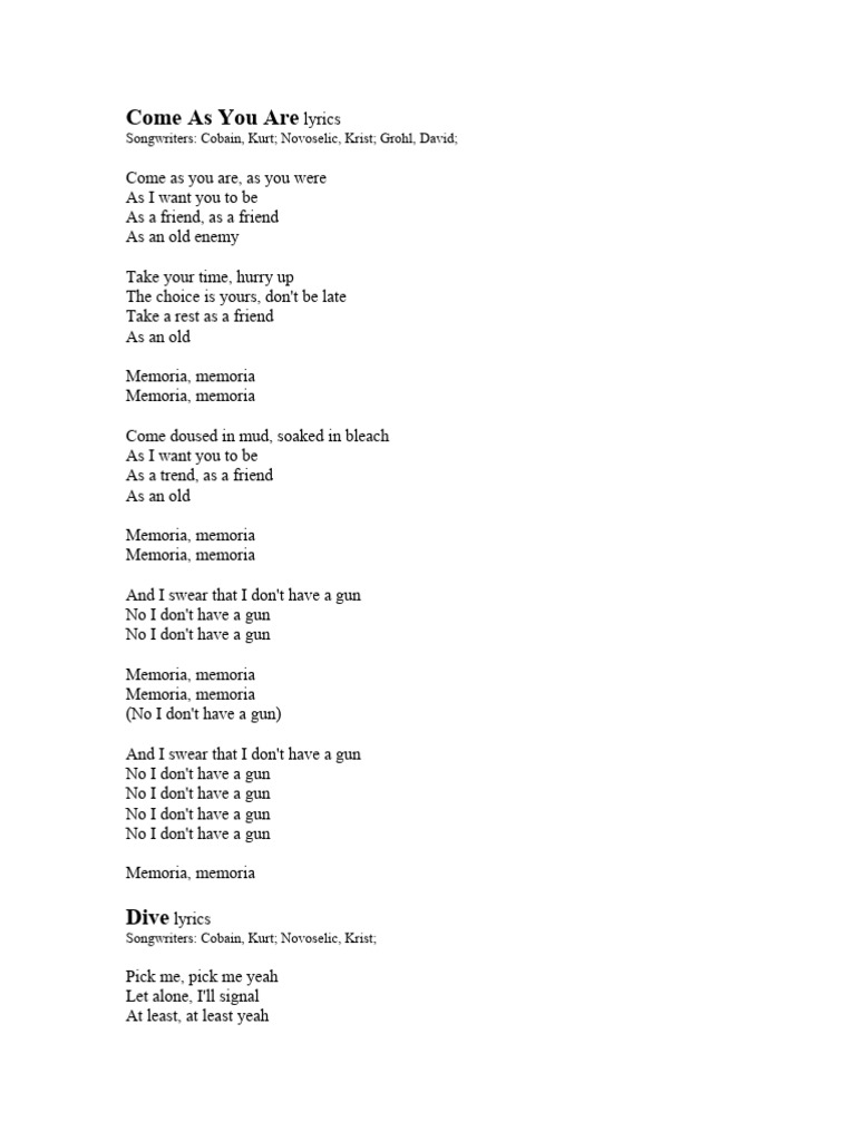 Nirvana Lyrics Nevermind | PDF | Rock Songs | American Musical Groups