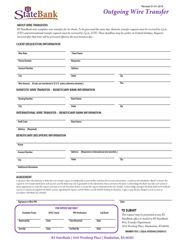 Outgoing Wire Transfer Request Form | PDF | Wire Transfer | Banks
