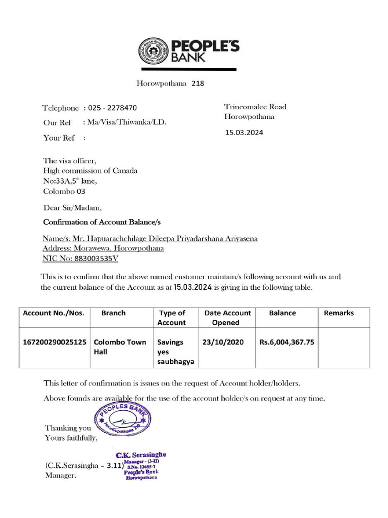 Peoples Bank Balance Confirmation | PDF
