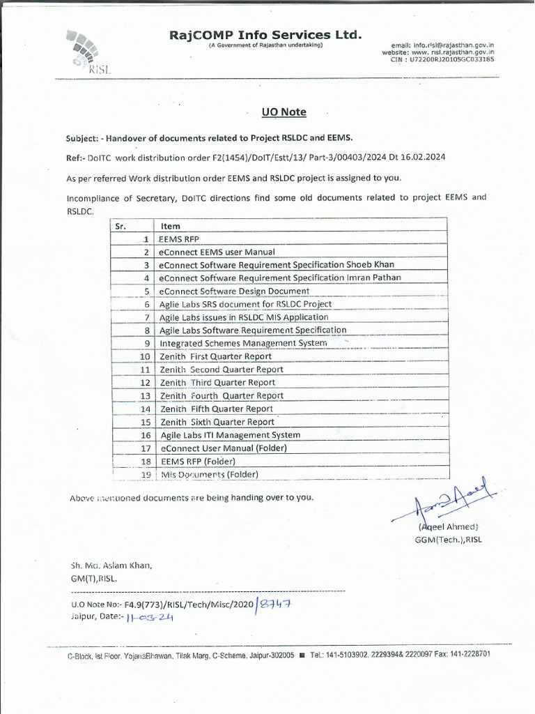 EEMS and RSLDC Project Handover | PDF
