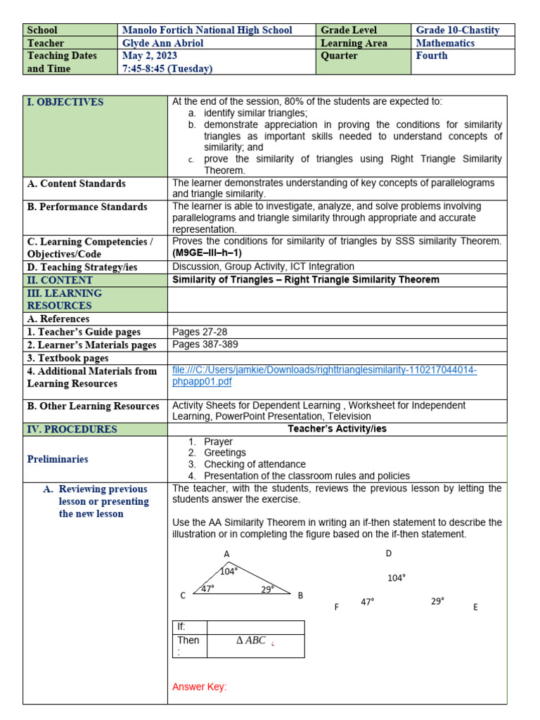 Right Triangle Similarity Theorem Lesson | PDF | Triangle | Learning