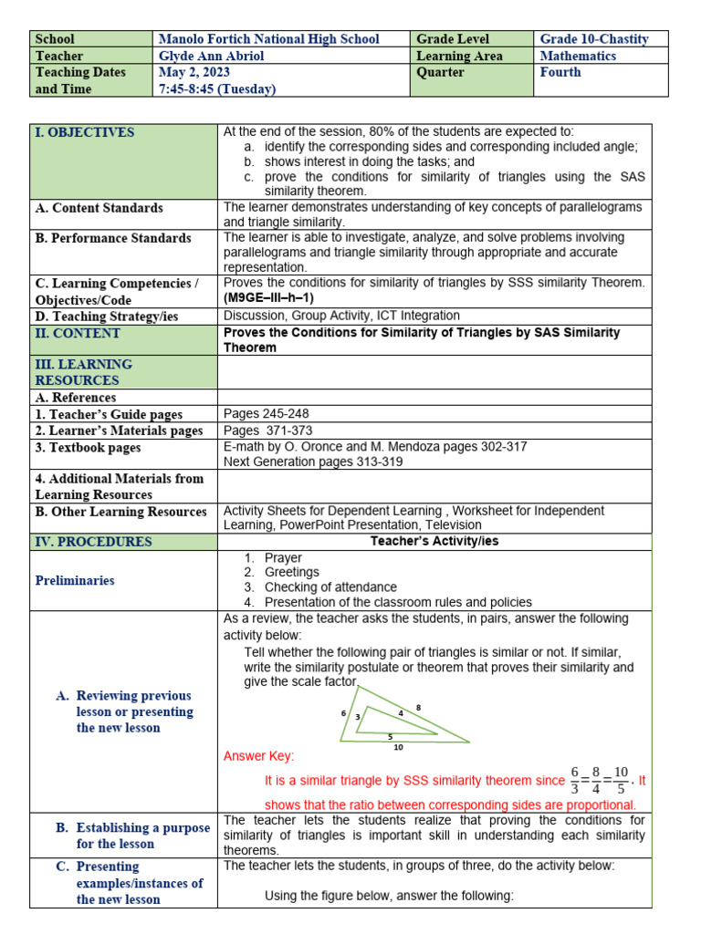 Grade 10 Math: SAS Triangle Similarity | PDF | Geometry | Elementary ...