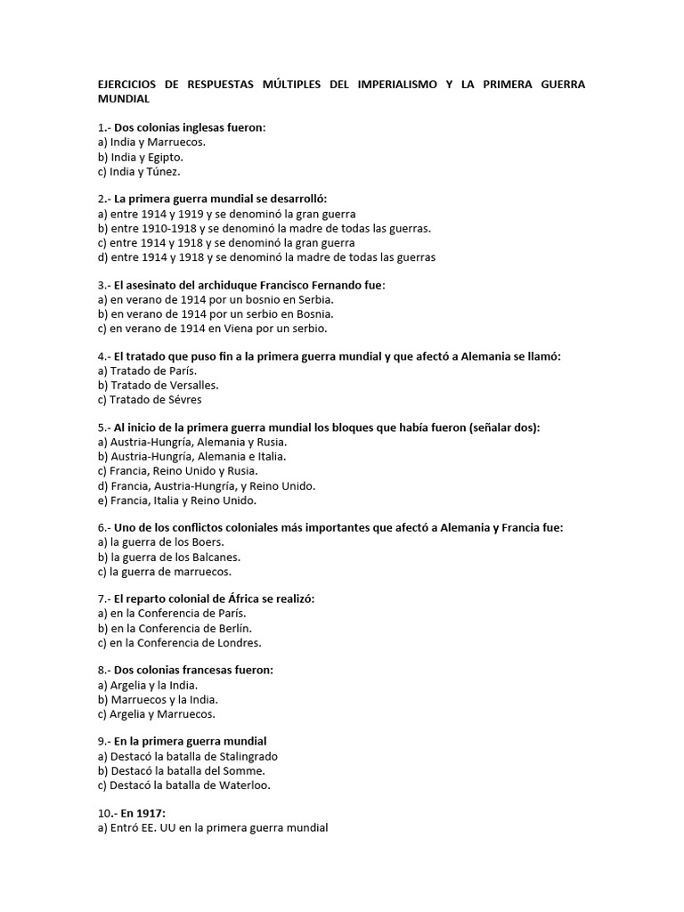 Ejercicios de Respuestas Múltiples Del Imperialismo y La Primera Guerra Mundial | PDF | Primera ...