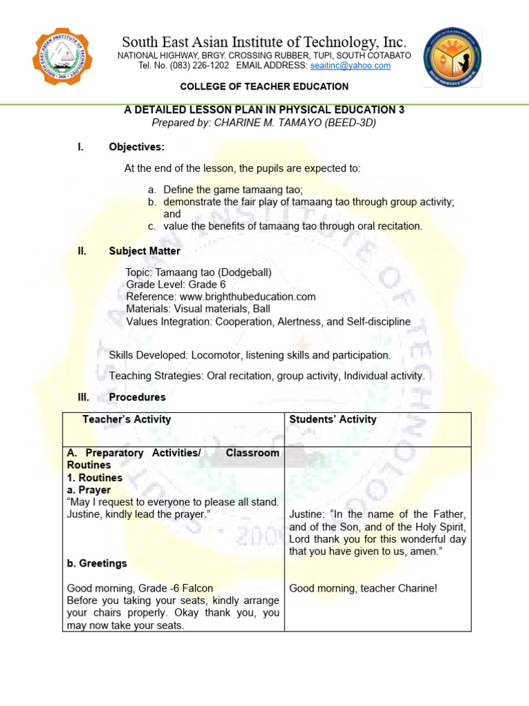 A Detailed Lesson Plan in Physical Education 3 | PDF | Lesson Plan ...