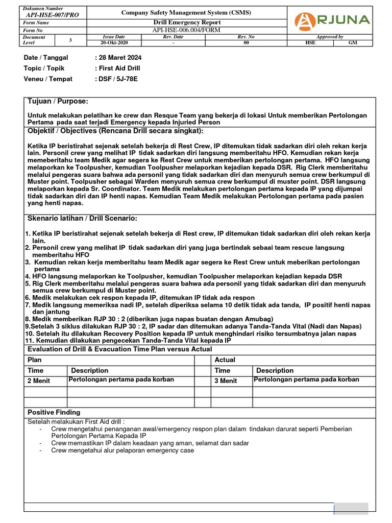 ARJ-01 - First Aid Drill - Crew B - 28 Maret 2024 | PDF