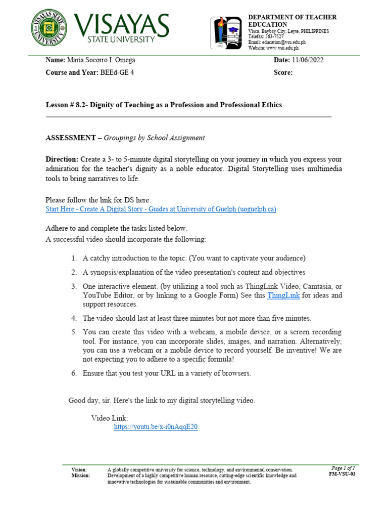 Omega, Learning Assessment 8.2 | PDF | Storytelling | Teachers