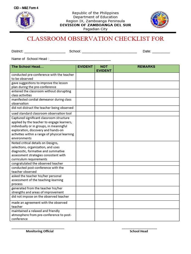 Classroom Observation Checklist for CID | PDF
