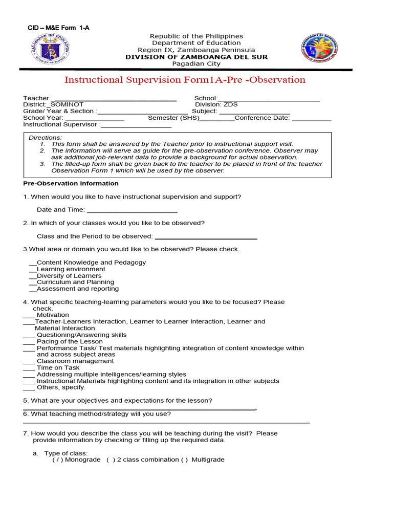 CID ME FORM 1A and FORM 1B Pre Observation | PDF | Learning | Teachers