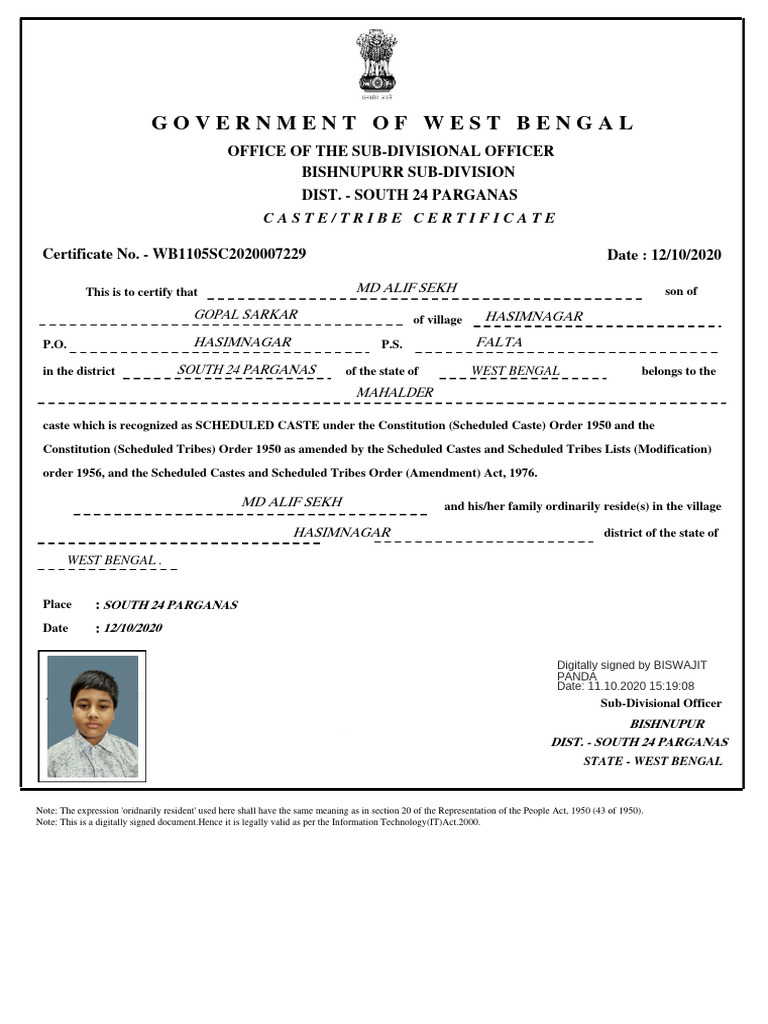 MD Alif Sekh Caste Certificate | PDF | Government Of India | Legal ...