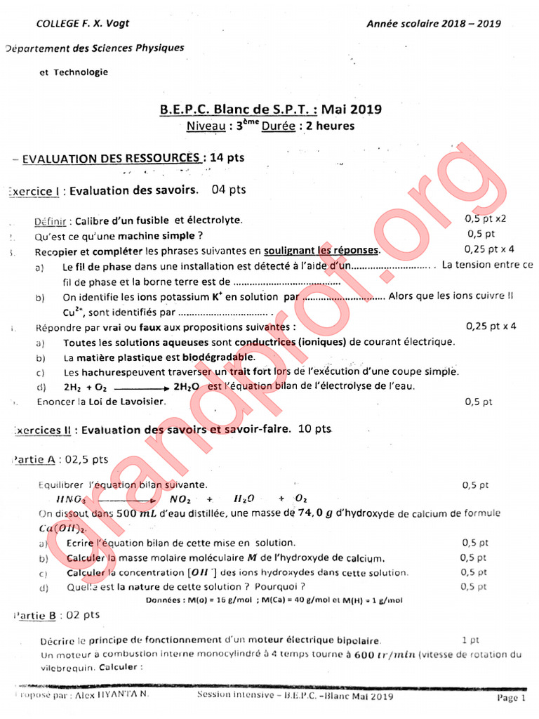 PCT 3eme BEPC Blanc College Vogt 2018 2019 | PDF