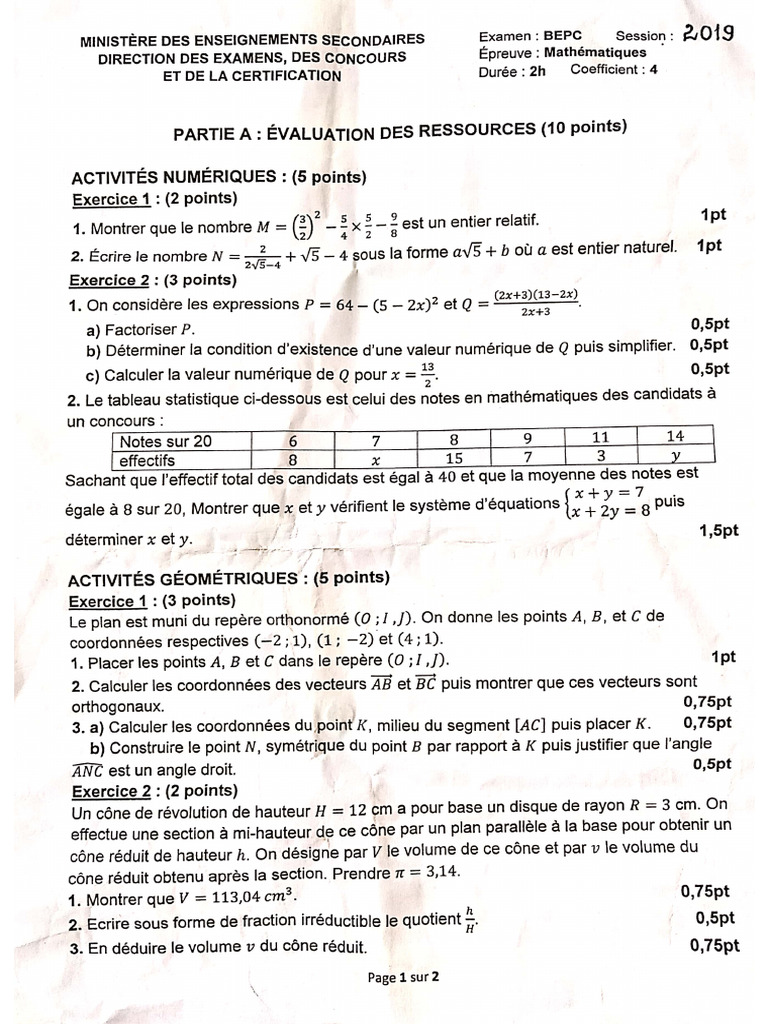BEPC Maths 2019 | PDF