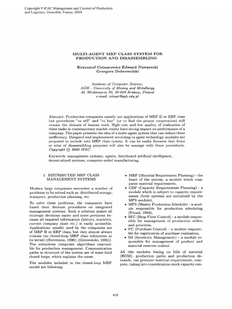 Multi Agent MRP Class System For Production and Dis - 2000 - IFAC Proceedings Vo | Download Free ...