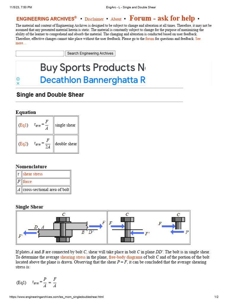 EngArc - L - Single and Double Shear | PDF | Shear Stress | Stress ...