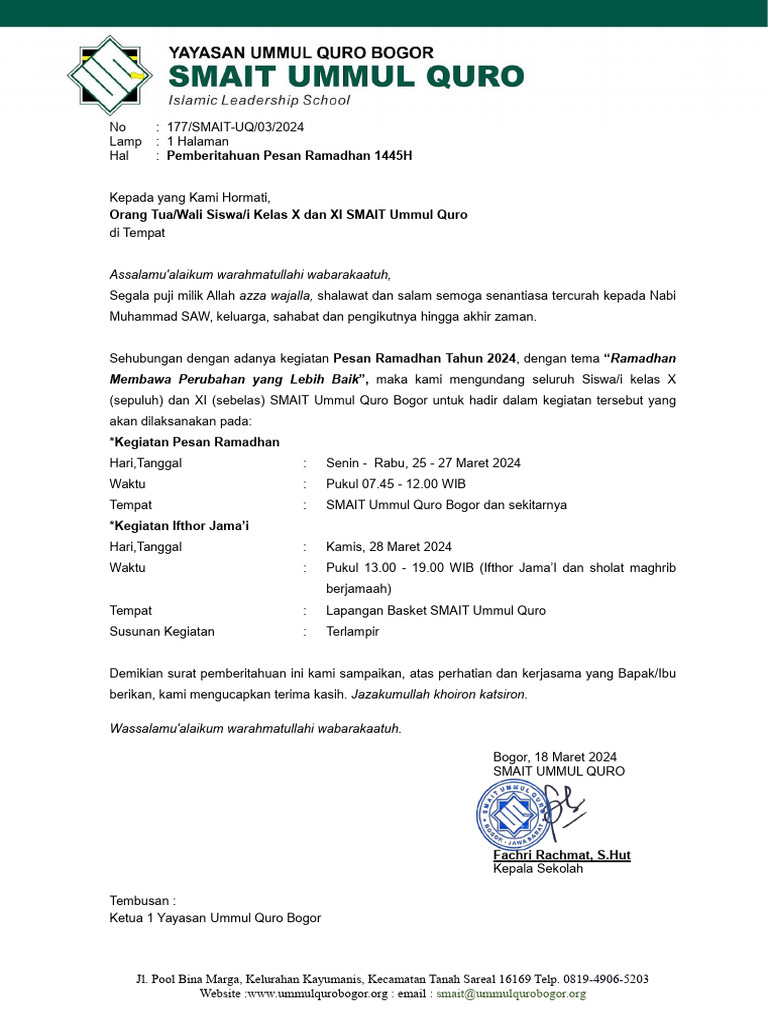 177.SMAIT-UQ.03.2024 - Surat Pemberitahuan Pesan Ramadhan | PDF