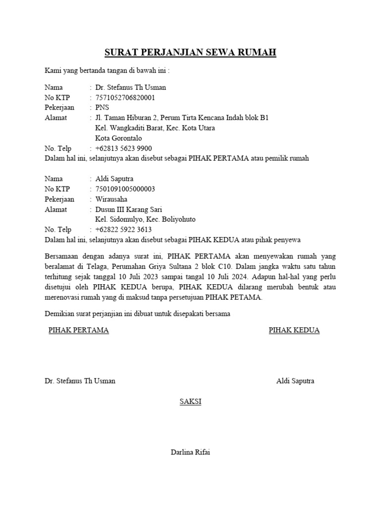 Surat Perjanjian Sewa Rumah | PDF
