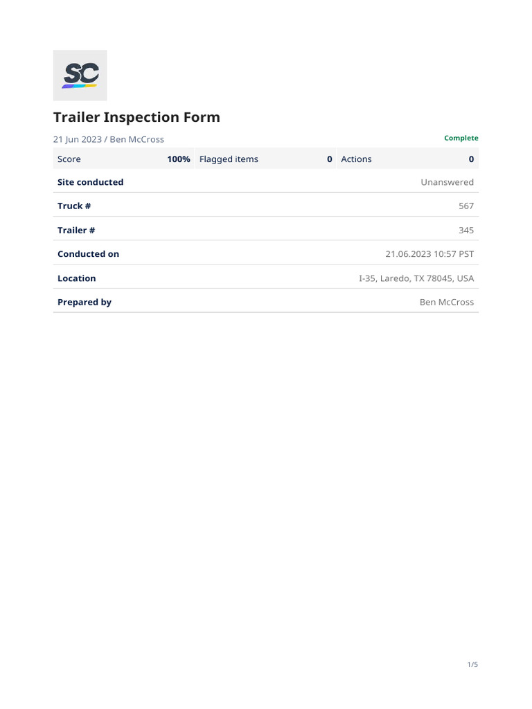 Trailer Inspection Report Form | PDF | Trailer (Vehicle) | Brake