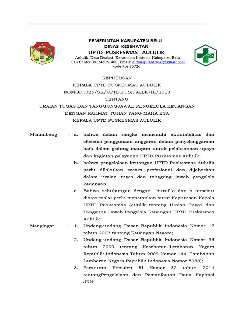 Ep 2. SK Tentang Uraian Tugas Dan Tanggungjawab Pengelola Keuangan | PDF