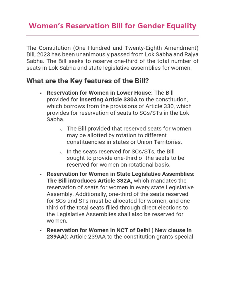 Women's Reservation Bill For Gender Equality | PDF | Government | Justice