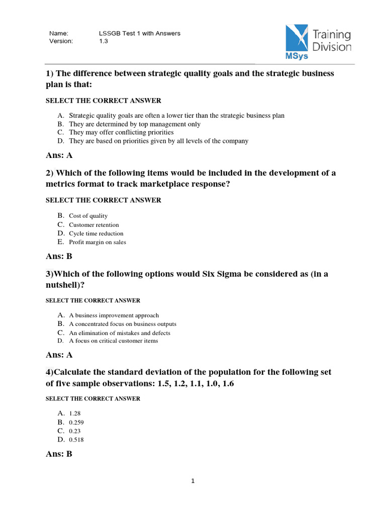 LSSGB Test 1 With Answers Ver 1.3 - MSys Training Division | PDF ...