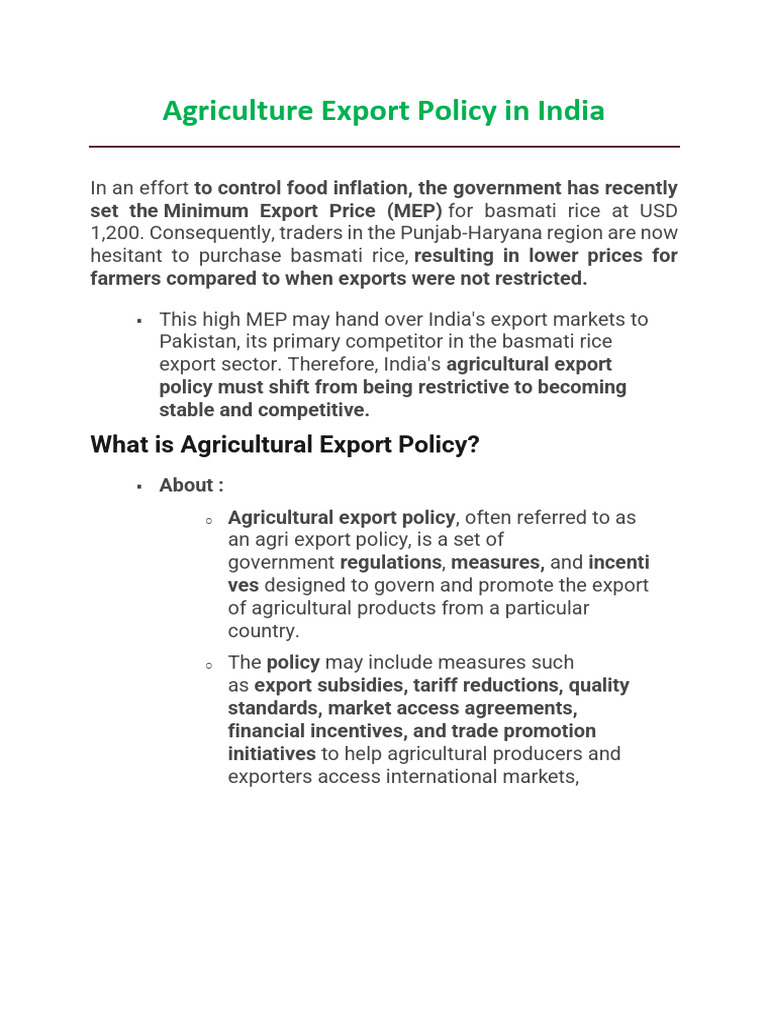 Agriculture Export Policy in India | PDF | Agriculture | Exports
