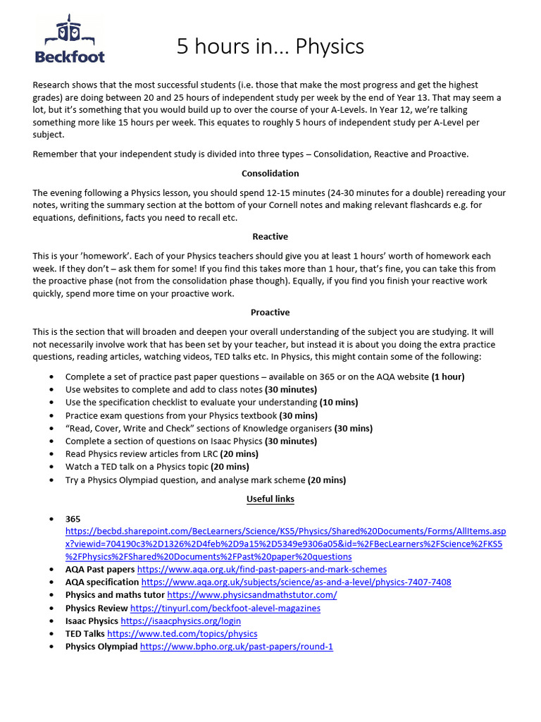 5 Hours In... Physics | PDF | Gce Advanced Level (United Kingdom) | Learning