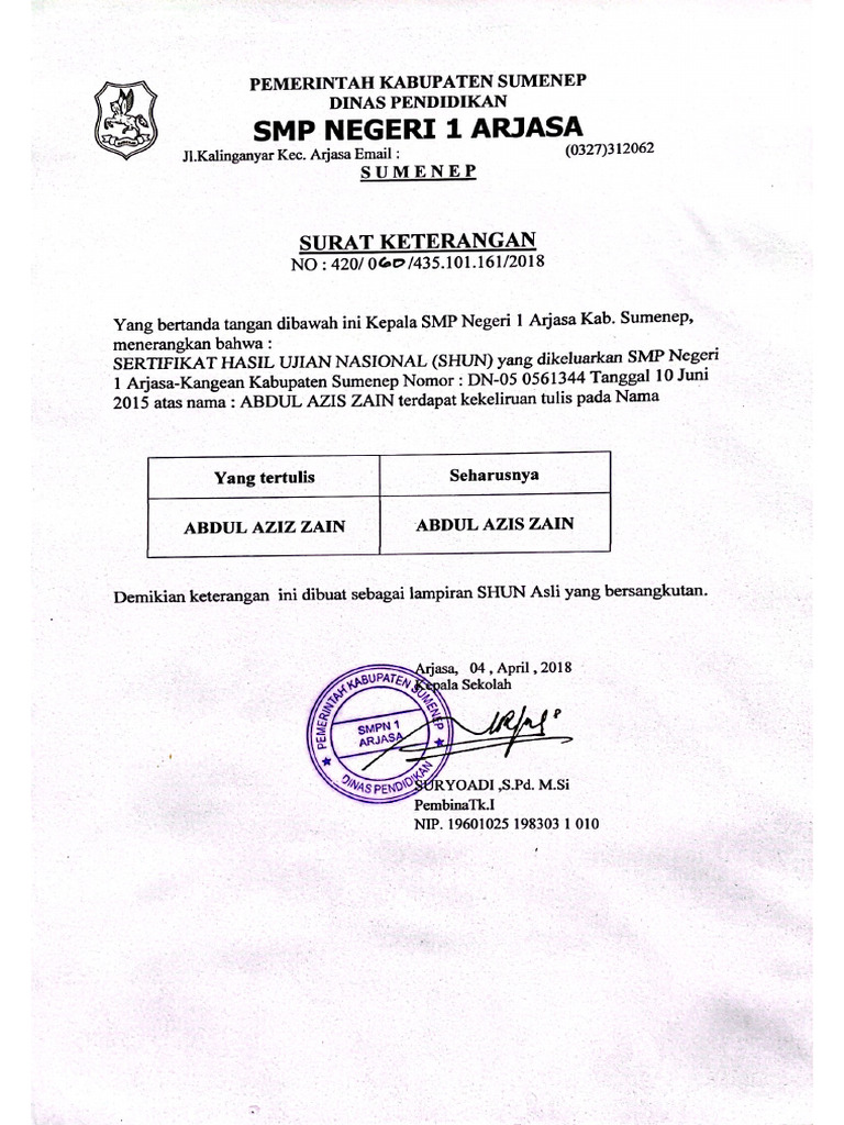 Surat Keterangan Skhu SMP | PDF