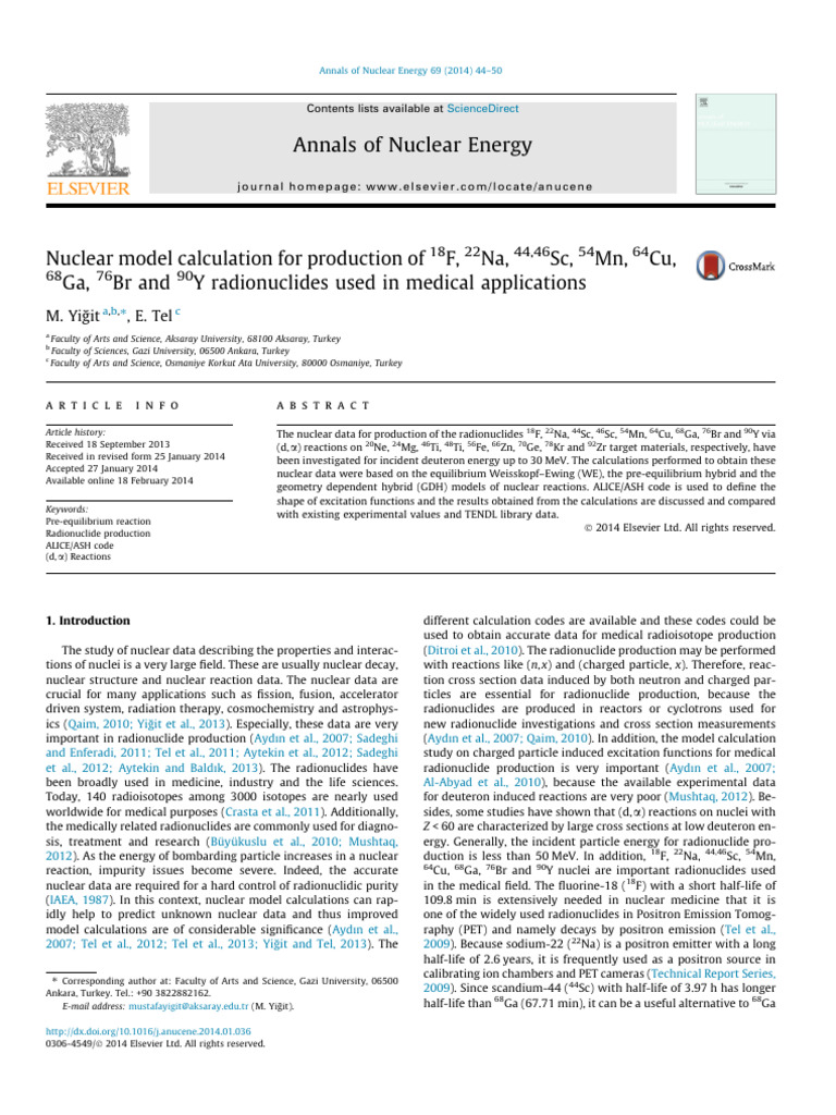 Nuclear Model Calculation For Production of 18F, 22na, 44,46Sc, 54Mn ...