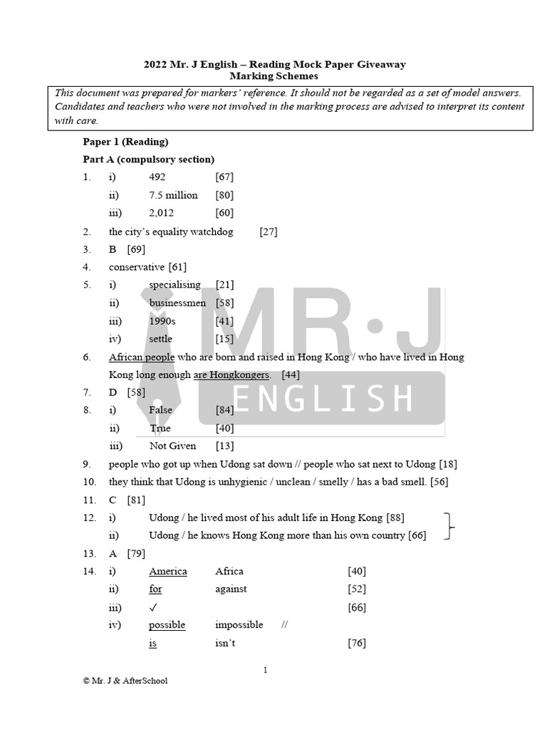 Reading Mock - Marking Scheme - 2022 | PDF