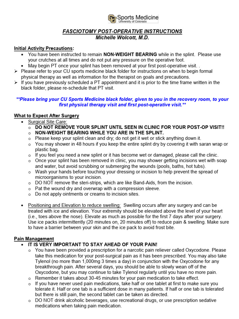 Fasciotomy Post Op Instructions | PDF | Surgery | Analgesic