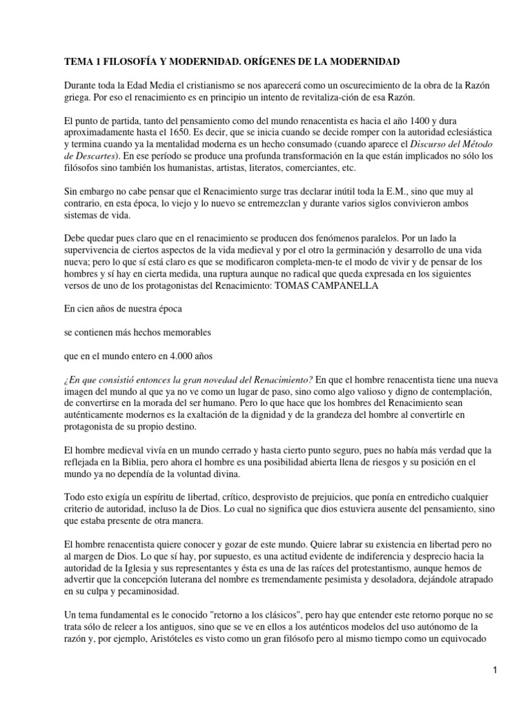 Tema 1 Filosofía Y Modernidad. Orígenes de La Modernidad | PDF | David ...