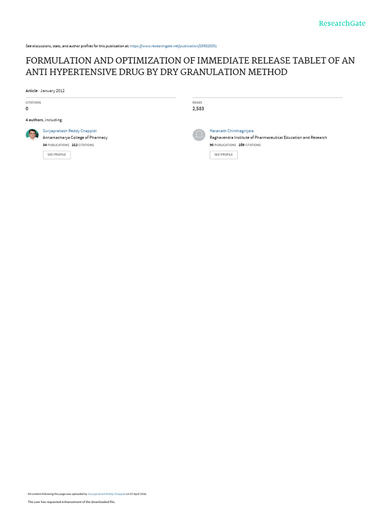 Formulation And Optimization Of Immediate Release Tablet Of An Anti Hypertensive Drug By Dry