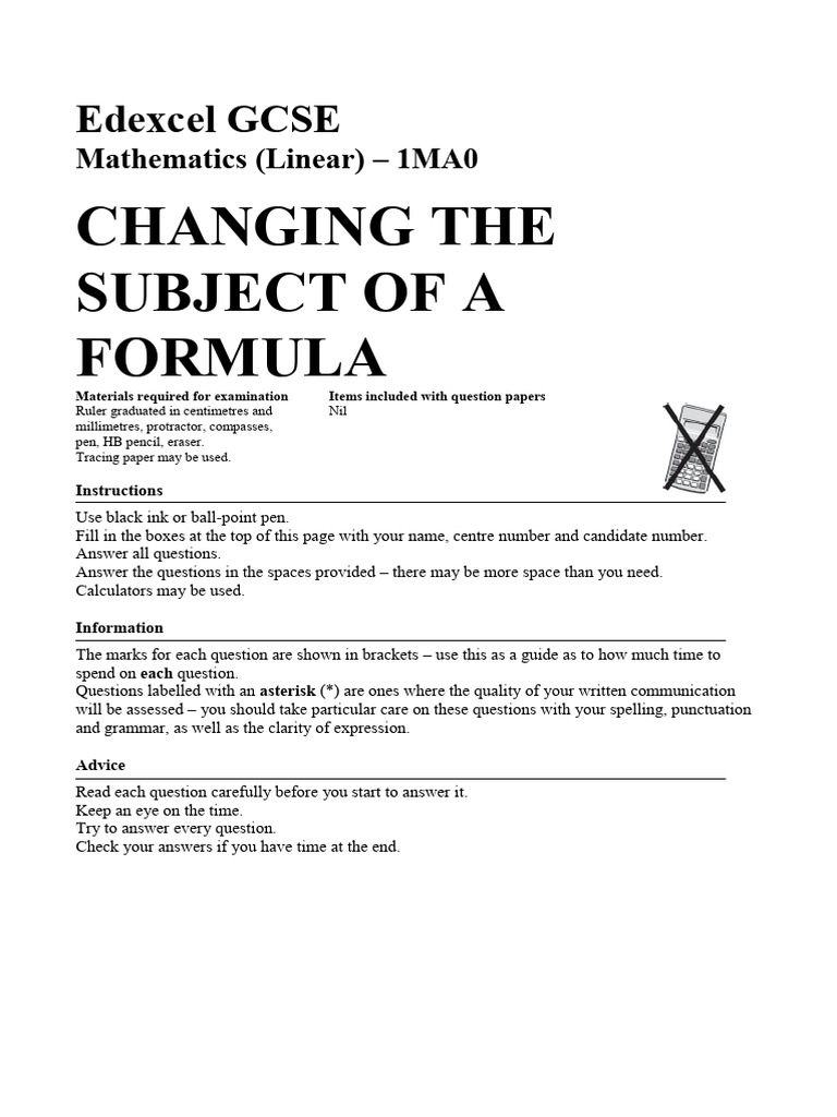 Changing the Subject of Formulas | PDF
