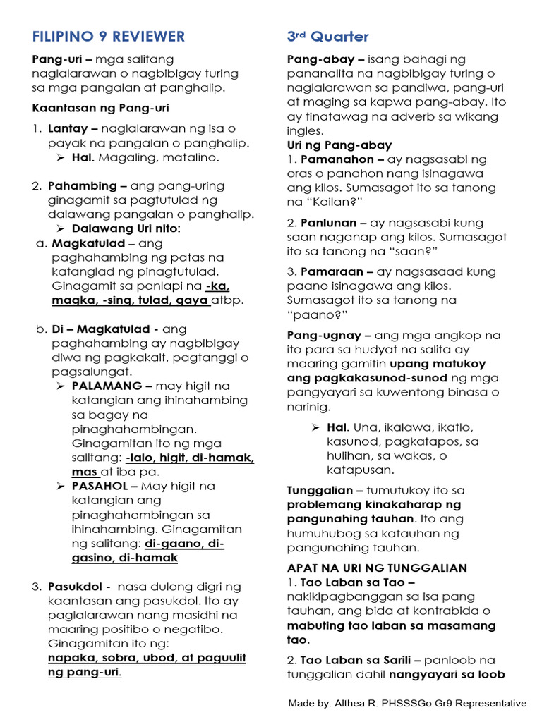 Filipino 9 - 3rd Quarter Reviewer | PDF
