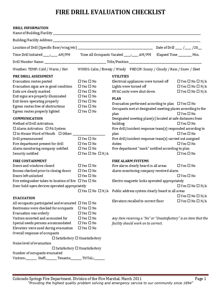 Fire Drill Evaluation Checklist1 | PDF | Emergency Evacuation | Fire Safety
