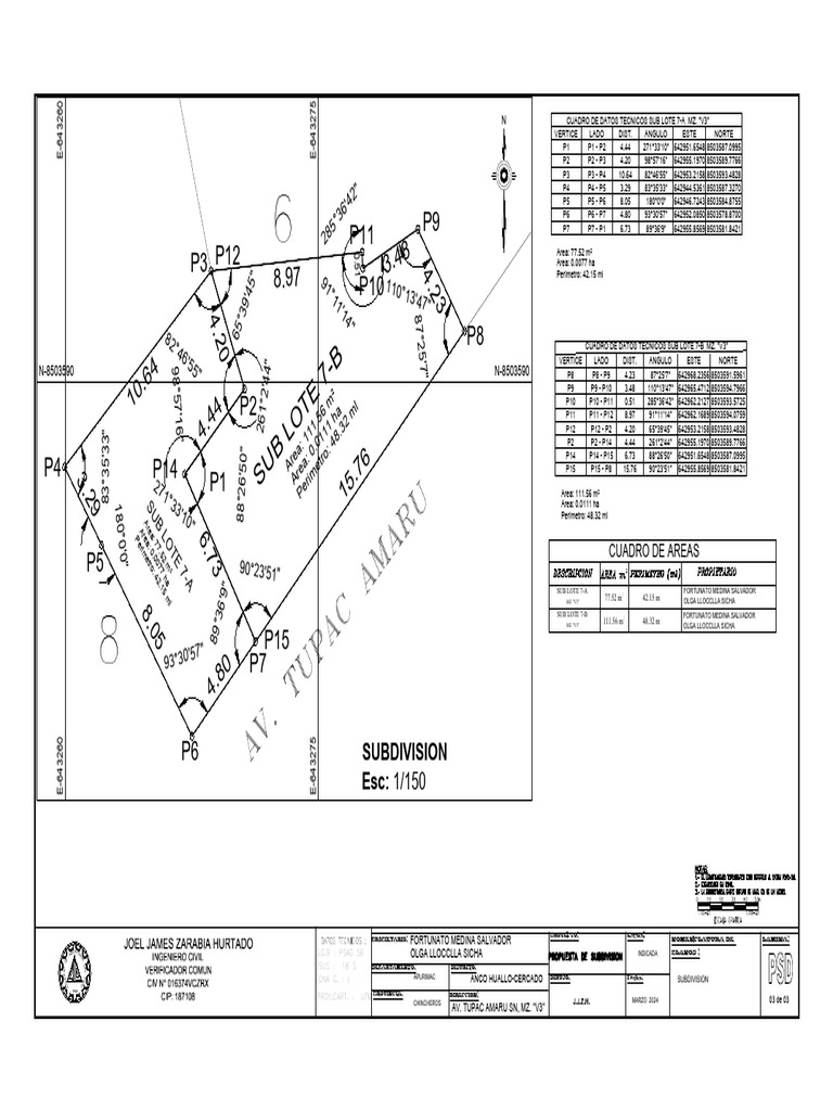 Plano de Subdivisión de Lotes MZ. "V3" | PDF